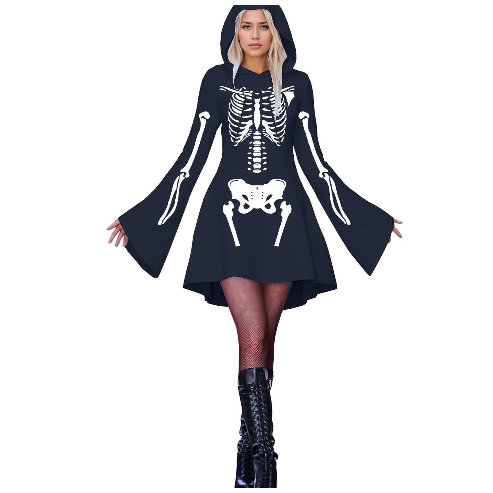 FEIFLY Women's Halloween Skeleton Print Hooded Dress O-Neck Long ...