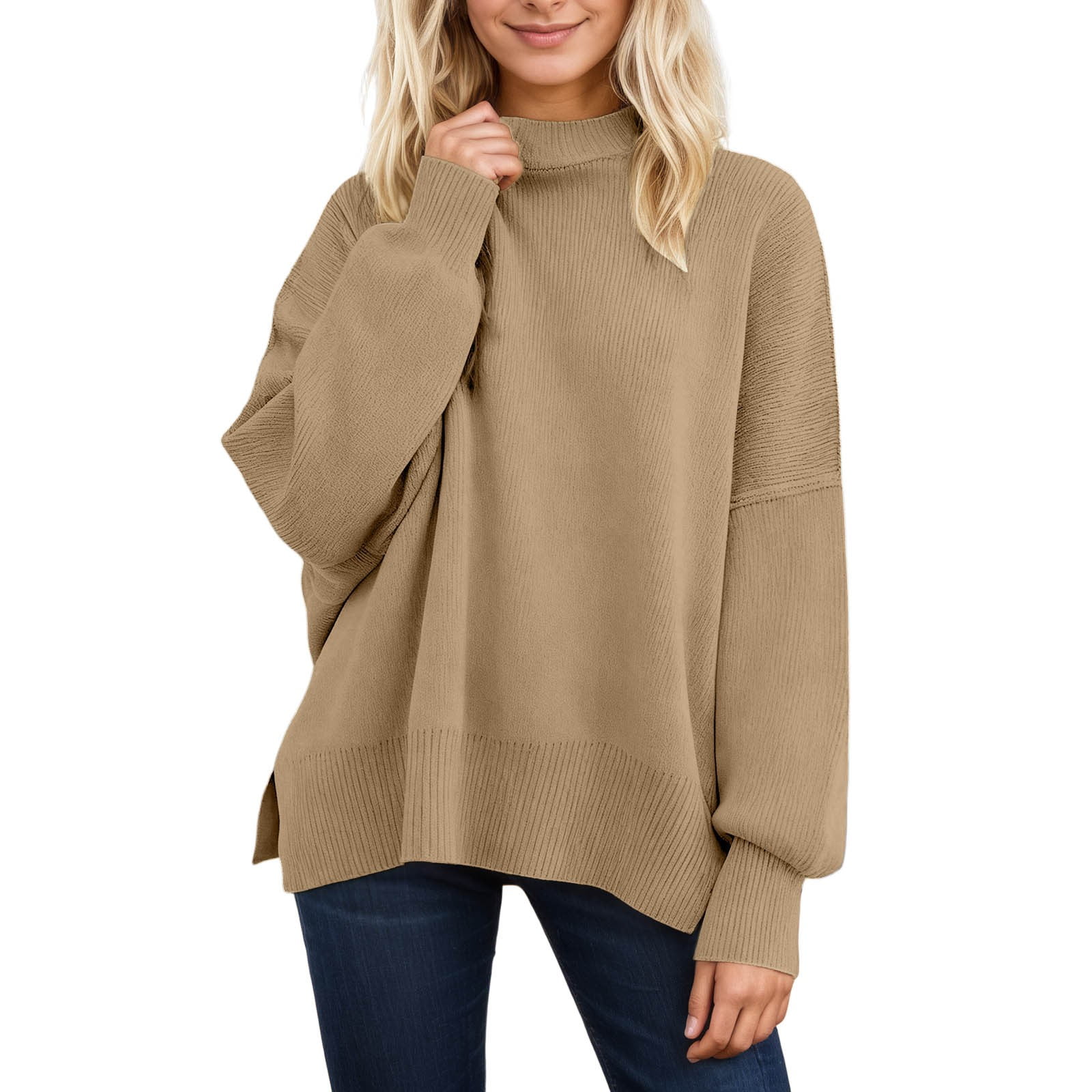 FEIFLY Women's Loose Autumn Winter Casual Fashion Pullover O-Neck Split ...