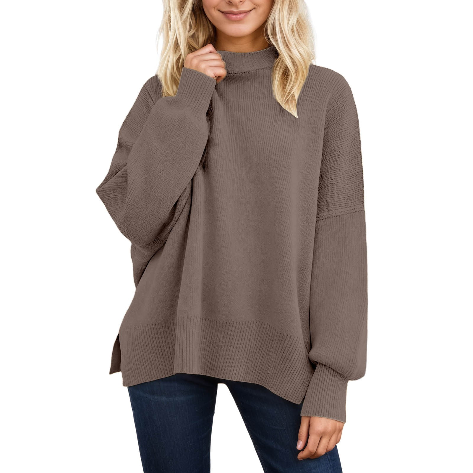FEIFLY Women's Loose Autumn Winter Casual Fashion Pullover O-Neck Split ...
