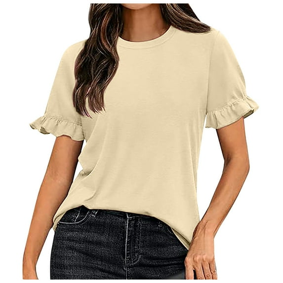 FEIFLY Womens Casual Cute Tops Female Ruffle Short Sleeve T Shirts O ...