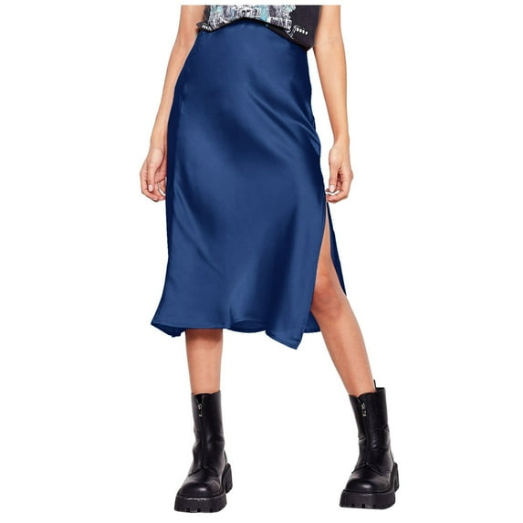 FEIFLY Womens High Waist Skirt Solid Color Satin Skirt Zipper Elegant ...