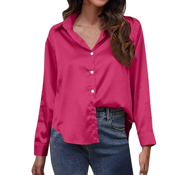 FEIFLY Womens Satin Silk Shirts Solid Color Long Sleeve Botton Down ...
