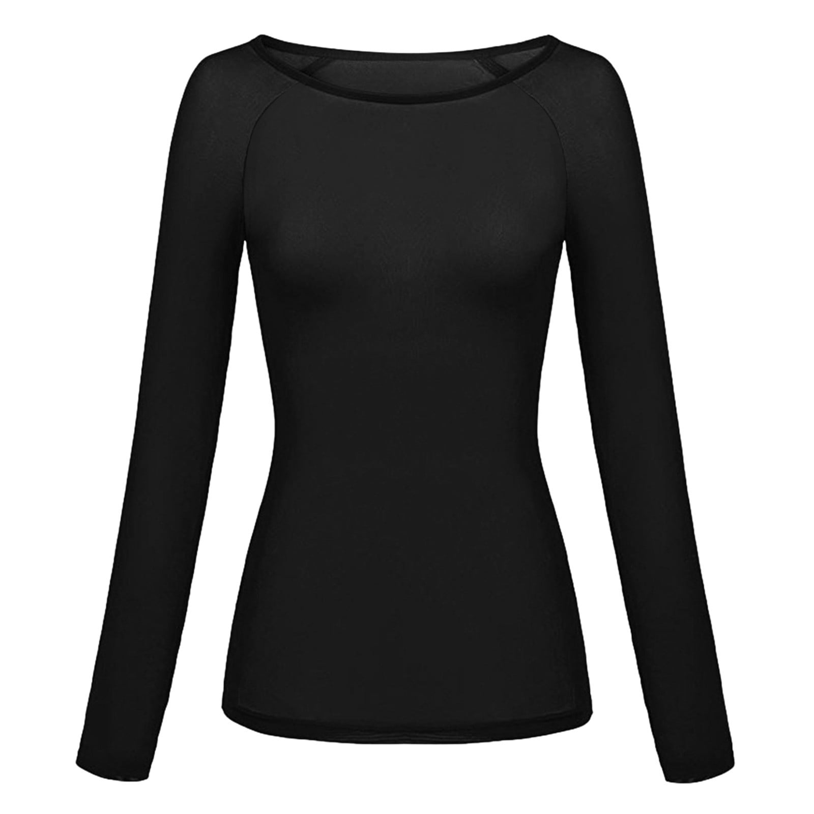 FEIFLY Womens Solid Color Long Sleeve Slim Tops Female Mesh Shirt O ...