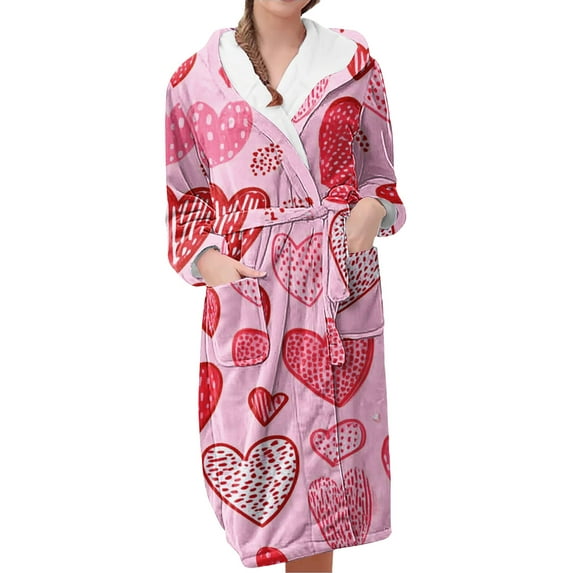 FEIJIBA Hooded Plush Fleece Bathrobe Women's Robe Long Warm Loungewear ...