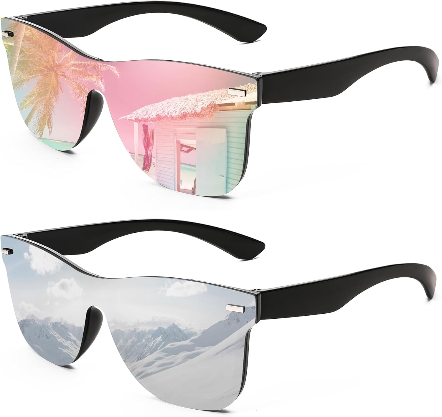 FEISEDY Trendy Rimless Mirrored One Piece Lens Sunglasses Reflective ...