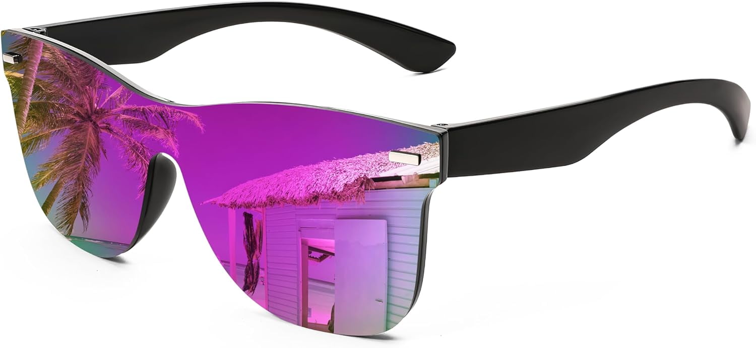 FEISEDY Trendy Rimless Mirrored One Piece Lens Sunglasses Reflective ...