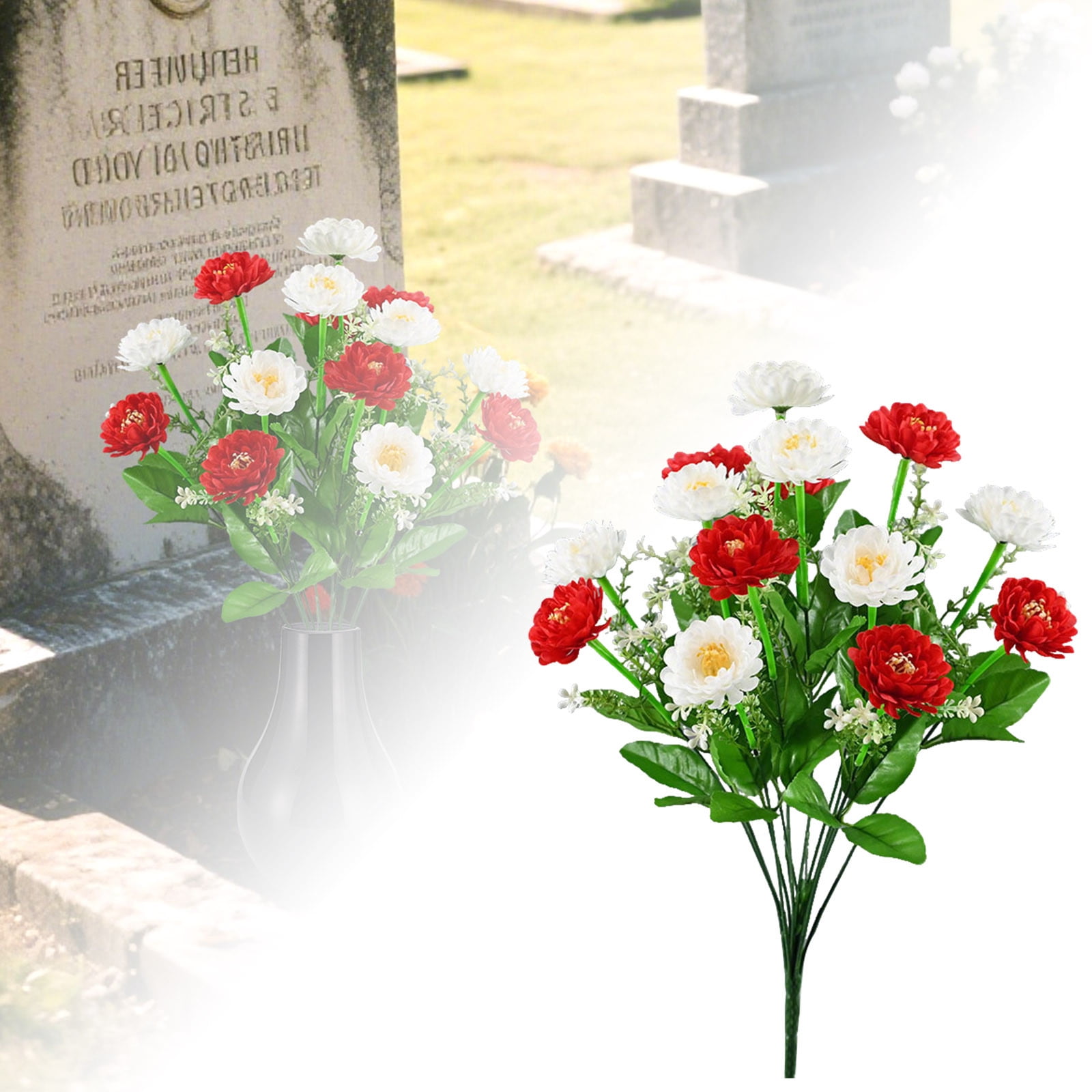 FEISHENTT Cemetery Flowers for Grave Vase 17.7" Artificial Rose Lily ...