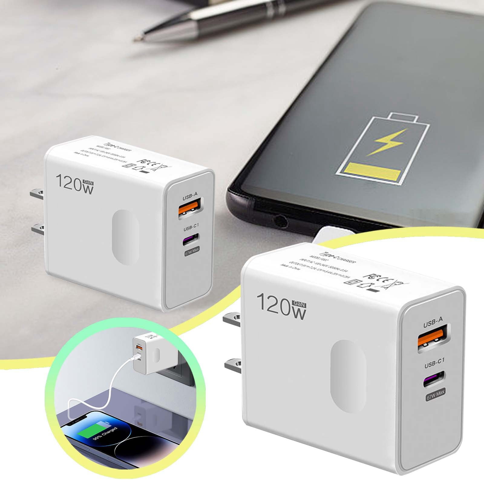 FEISHENTT USB C Wall Charger, 120W Fast USB C Charging Block,USB C+USB ...