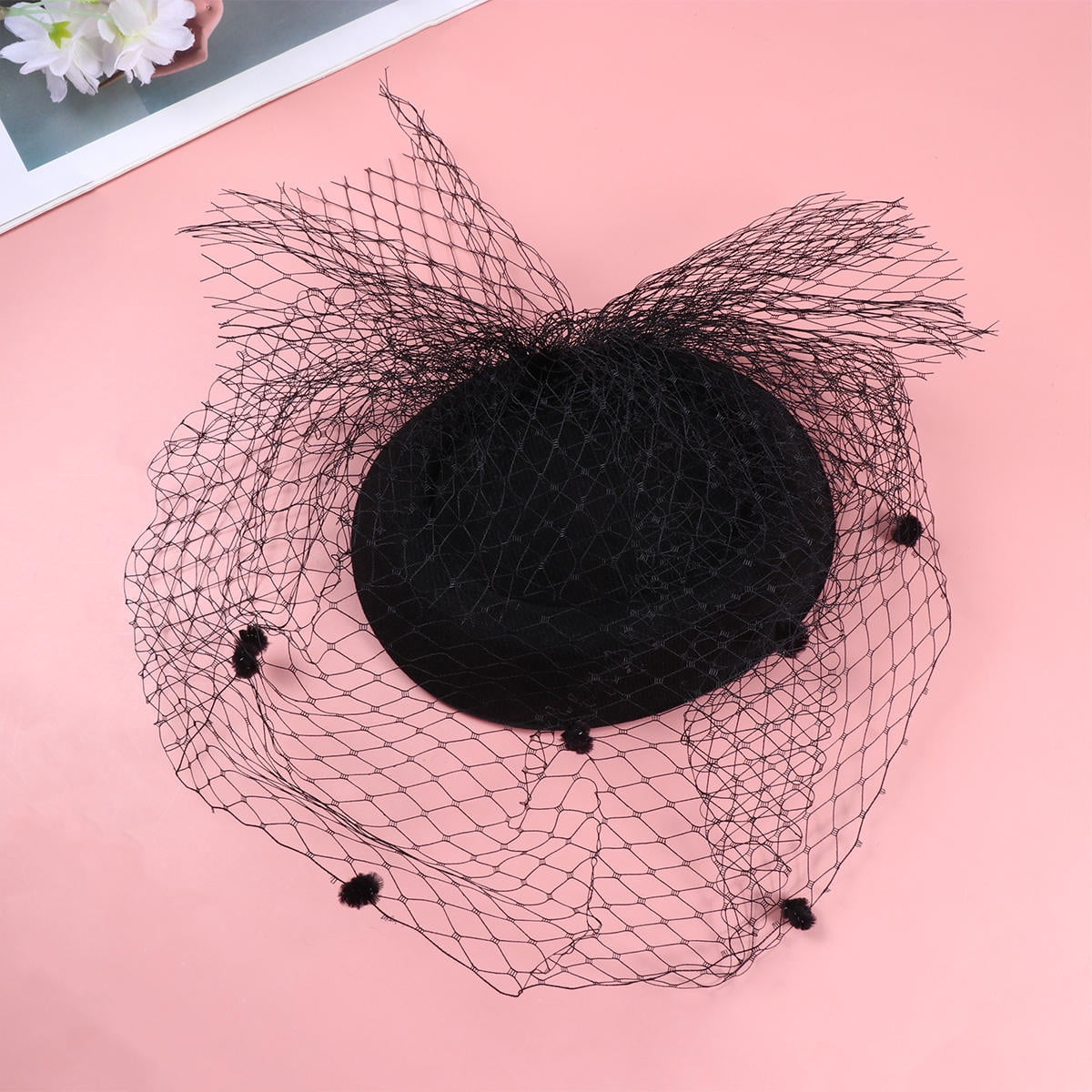 FELTECHELECTR 1Pcs Black Pillbox Hat with Veil Black Woolen and Mesh ...