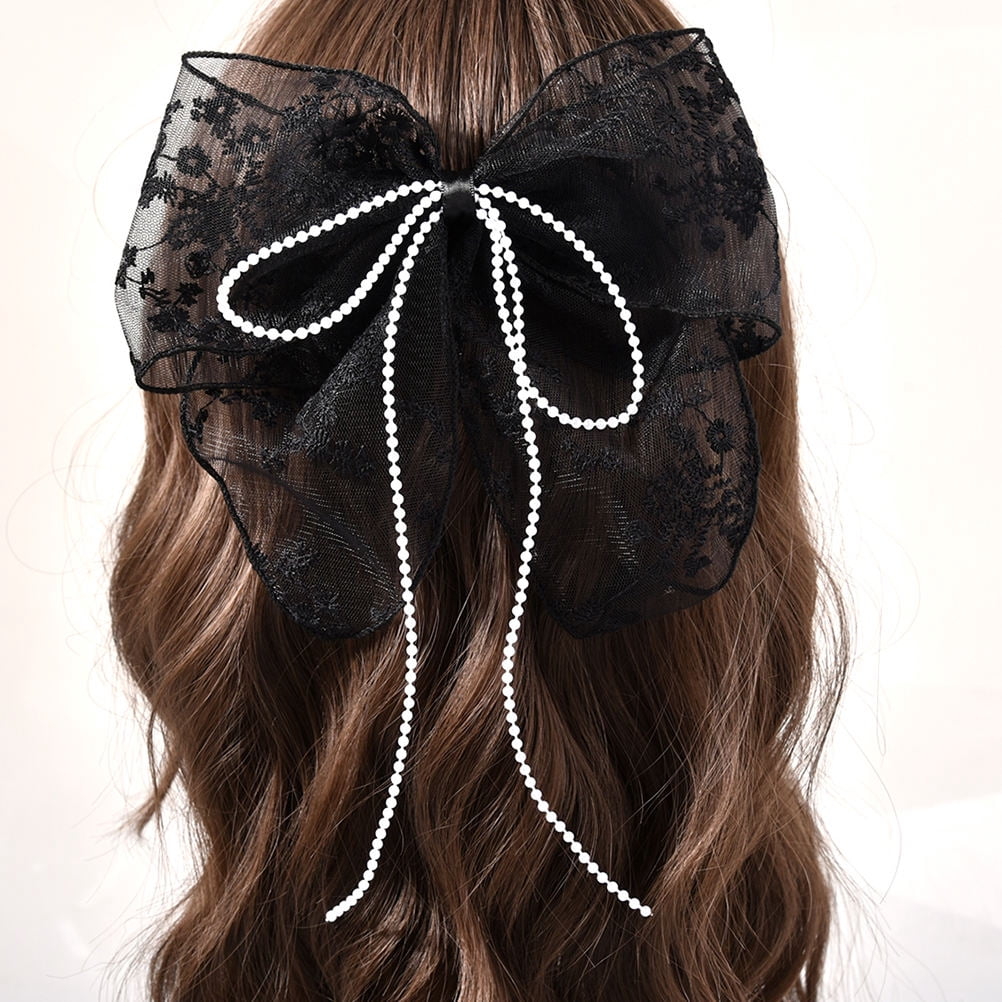FELTECHELECTR 1Set Large Lace Hair Bow Clips 15x5cm Black Fabric for ...