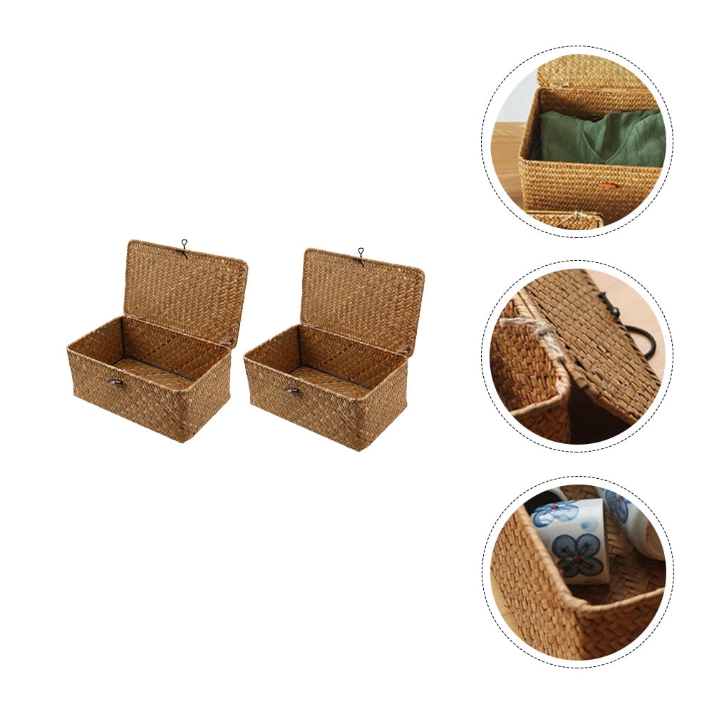 FELTECHELECTR 2 Pcs Large Wicker Basket with Lid Seaweed Woven ...