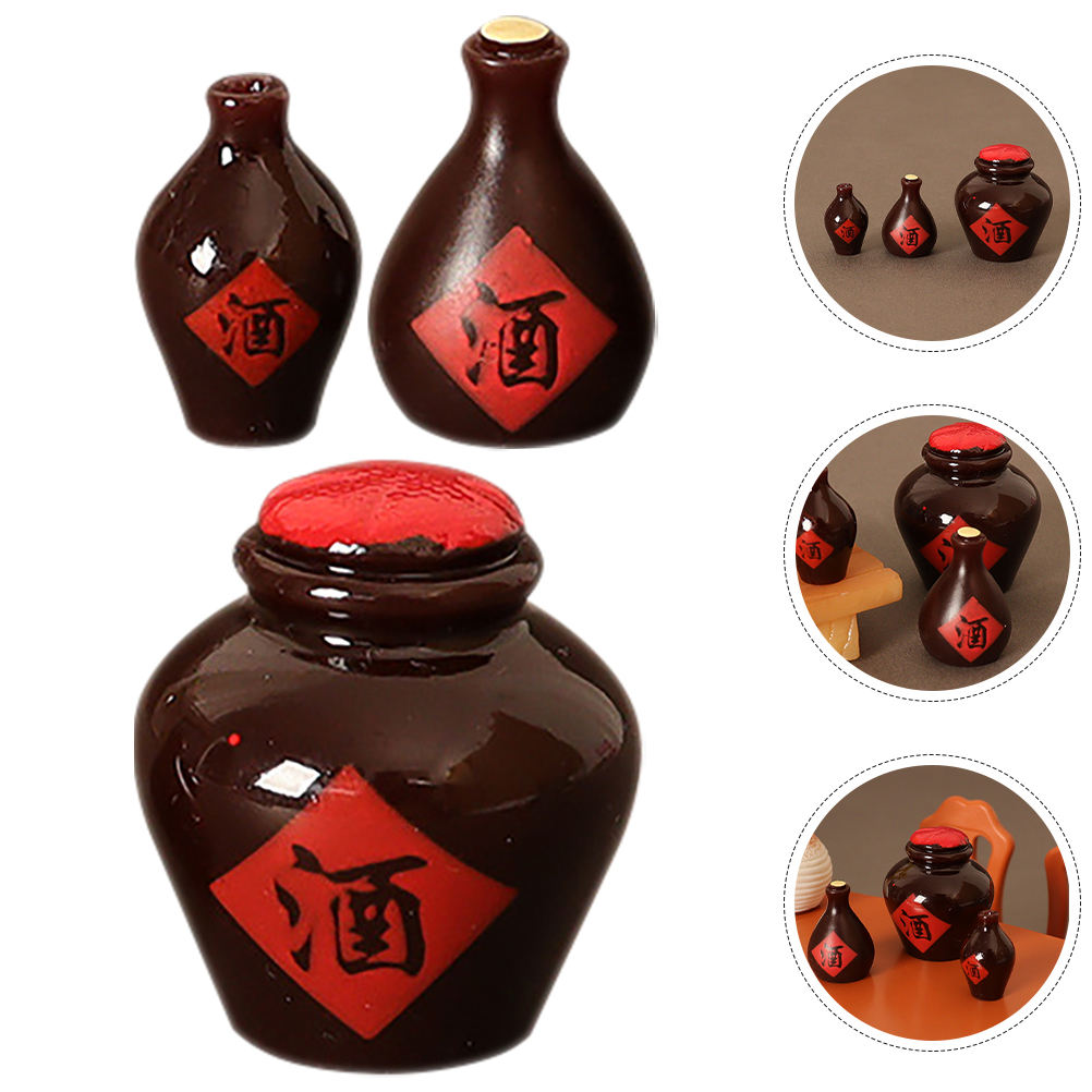 FELTECHELECTR Miniature Figurines 3Pcs Dark Brown Resin Wine Jars ...