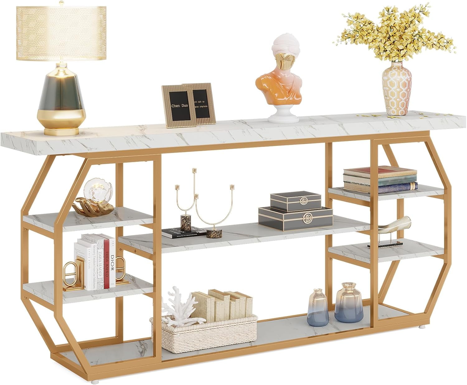 FENCHUN Extra Long Console Table, Modern Gold Entryway Table with 6 ...