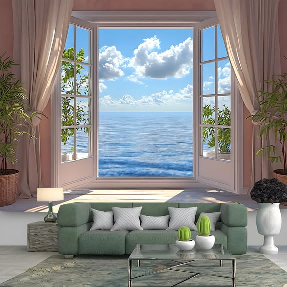 FENDROM Lovely Summer Tropical Flower Tapestry Window Scenic View Blue ...