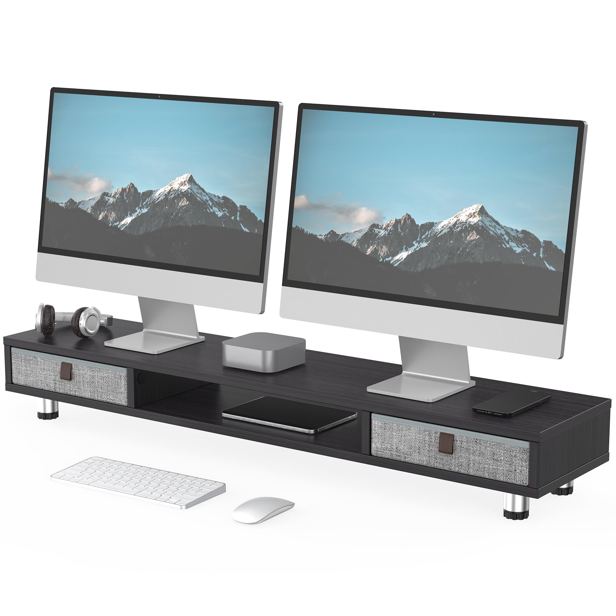 FENGE Adjustable Dual Monitor Stand with 2 Drawers, 42.5 in, Black ...