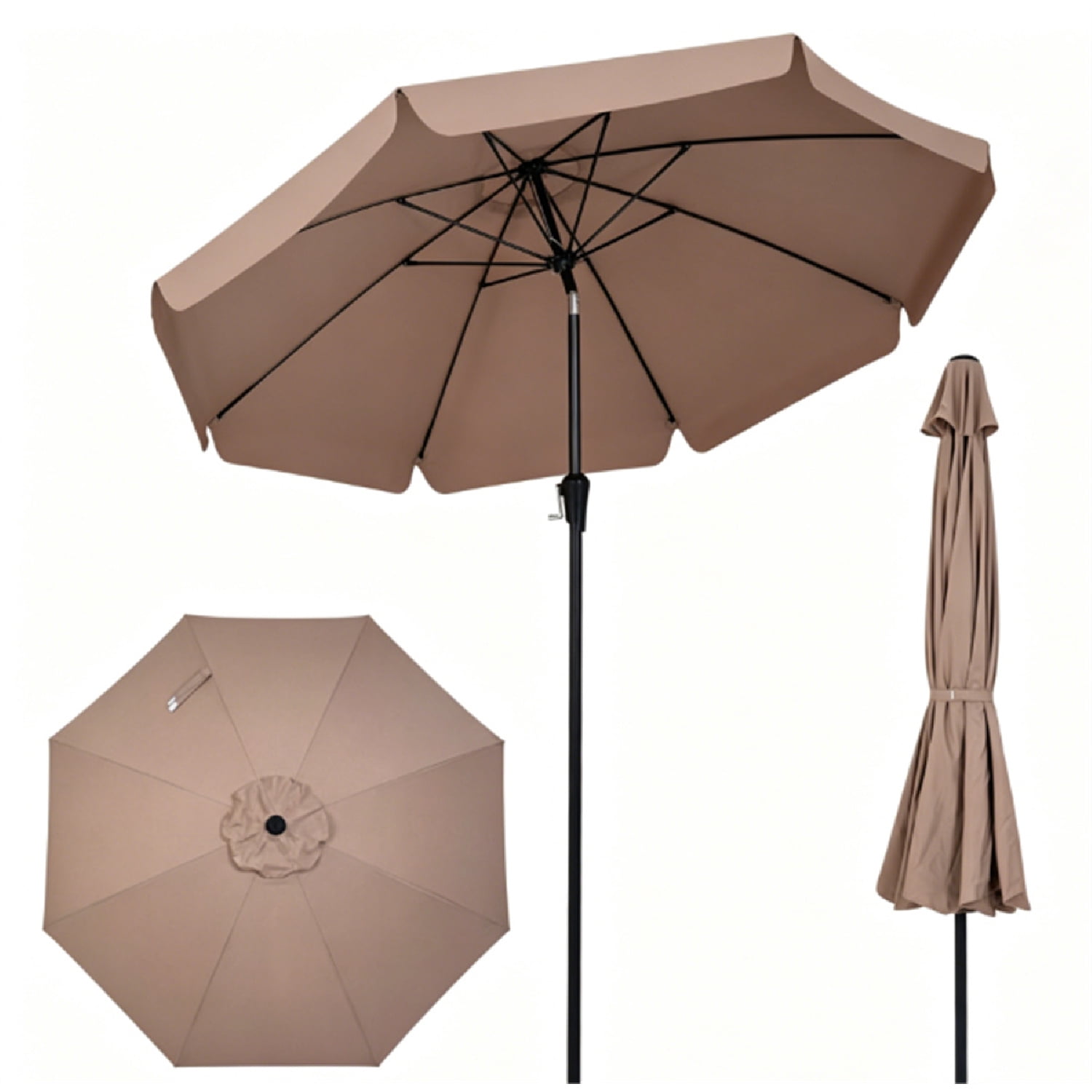 FENGFAN 10ft Brown Scalloped Patio Umbrella Push Button Tilt Crank Lift ...