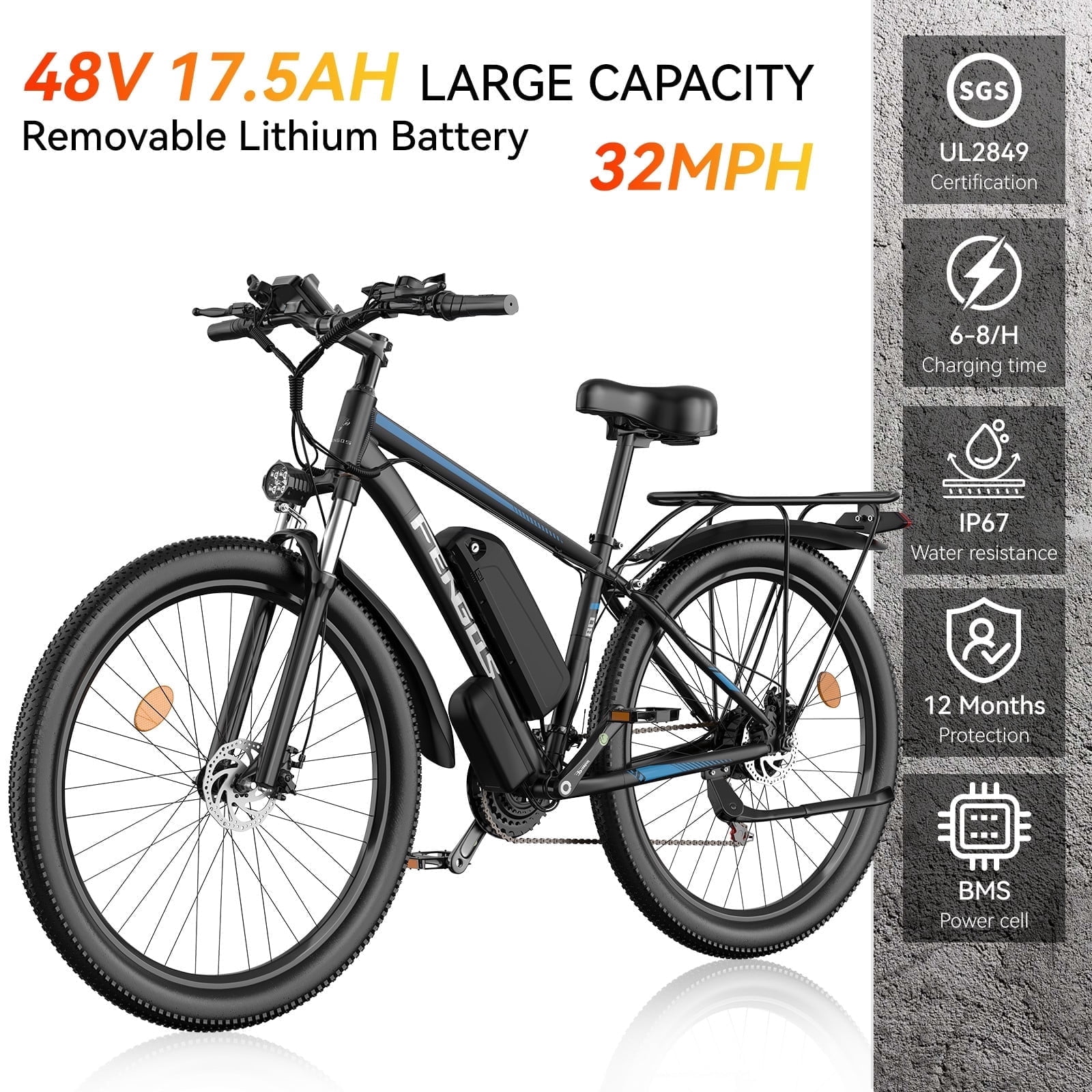 FENGQS Q8 Ebike for Adults, 80 Mile 35MPH Electric Mountain Bike, 48V ...