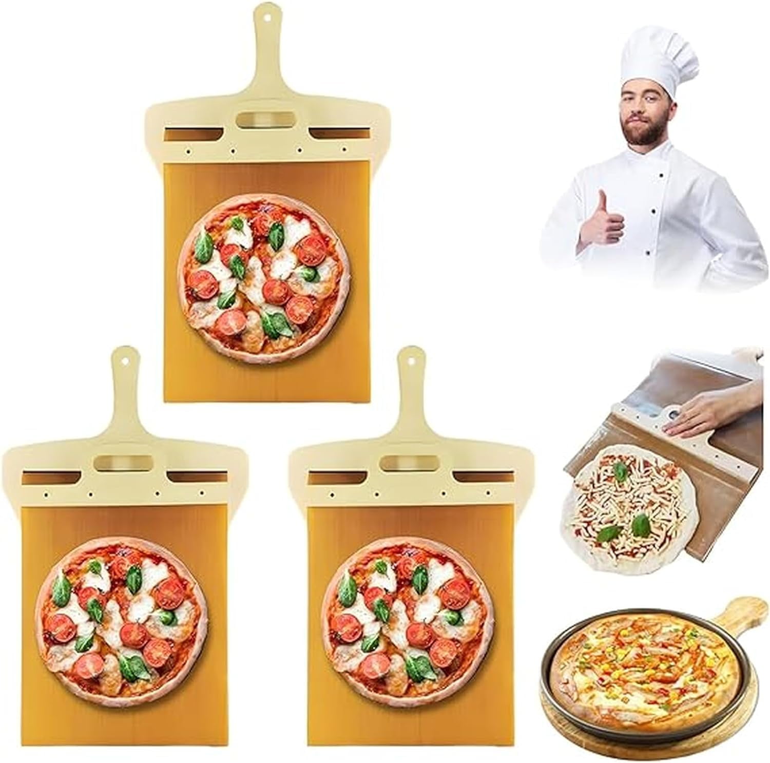 FENGSliding Pizza Peel, 3 Different Sized Sliding Pizza Scrapers with ...