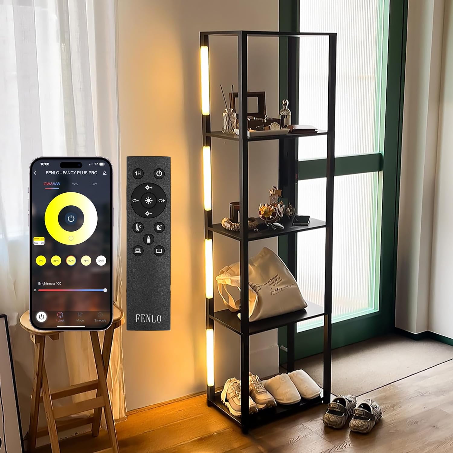 FENLO LED Display Shelf Floor Lamp with Wooden Shelves – Adjustable ...