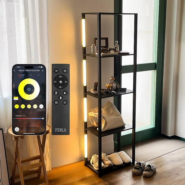 FENLO LED Display Shelf Floor Lamp with Wooden Shelves – Adjustable Lighting with App & Remote ...