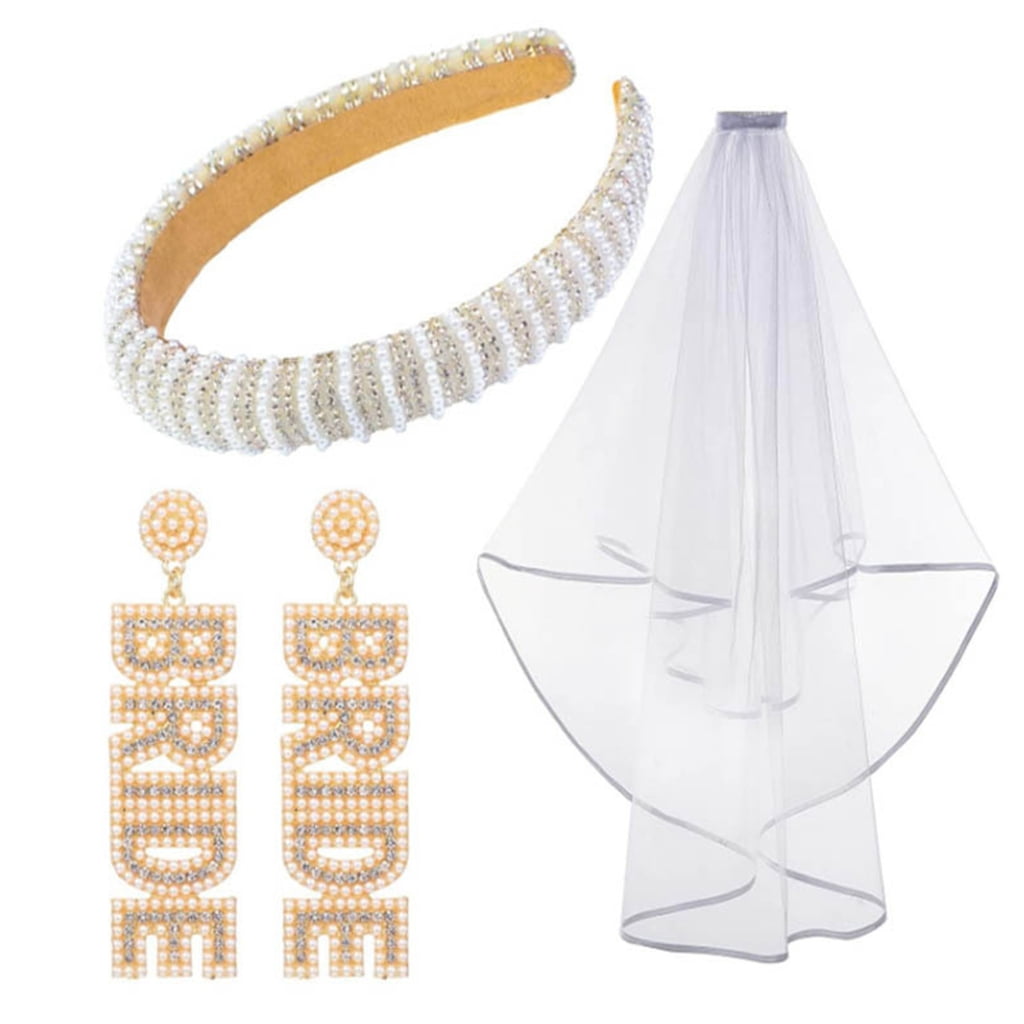 FENOHREFE Artificial Pearl Headbands Veil Earring Set for Wedding Party ...