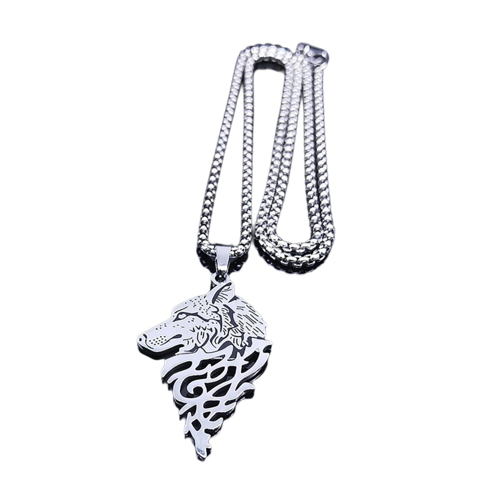 FENOHREFE Men's Wolf Head Charm Necklace Stainless Steel Chain Choker ...