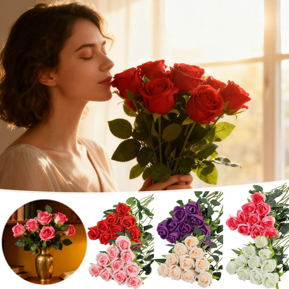 FEOLGEHLY 10 Pcs Red Roses Artificial Flowers, Real Touch Fake Rose ...