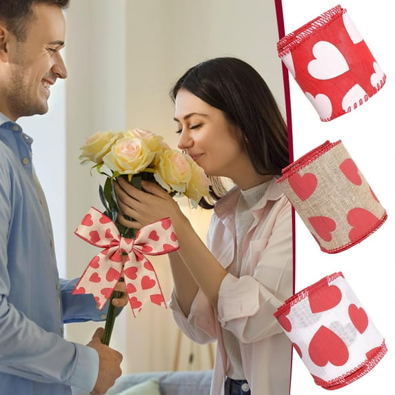FEOLGEHLY Valentines Day Wired Ribbon 70.7 inch Red Heart Ribbon Happy ...