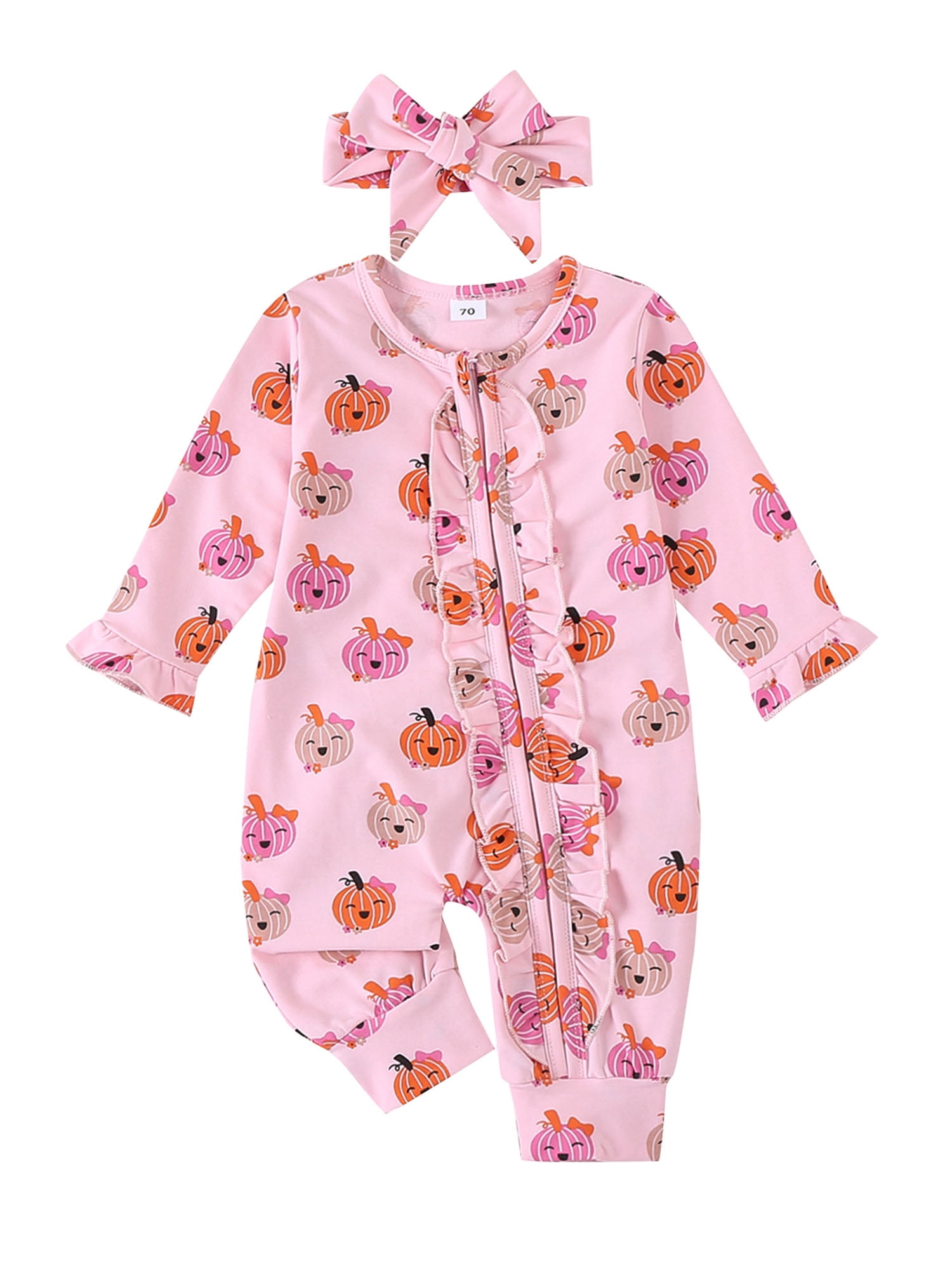 FEORJGP Infant Baby Girl Halloween Rompers 0 3M 6M 9M 12M Newborn Pumpkin Print Ruffled Zipper ...