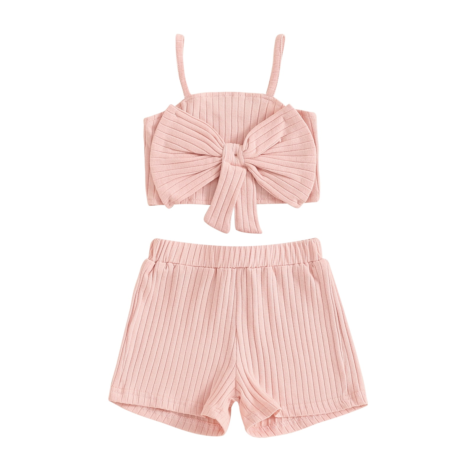 FEORJGP Little Girl Ribbed Outfit, Bow Square Neck Spaghetti Strap Tops ...
