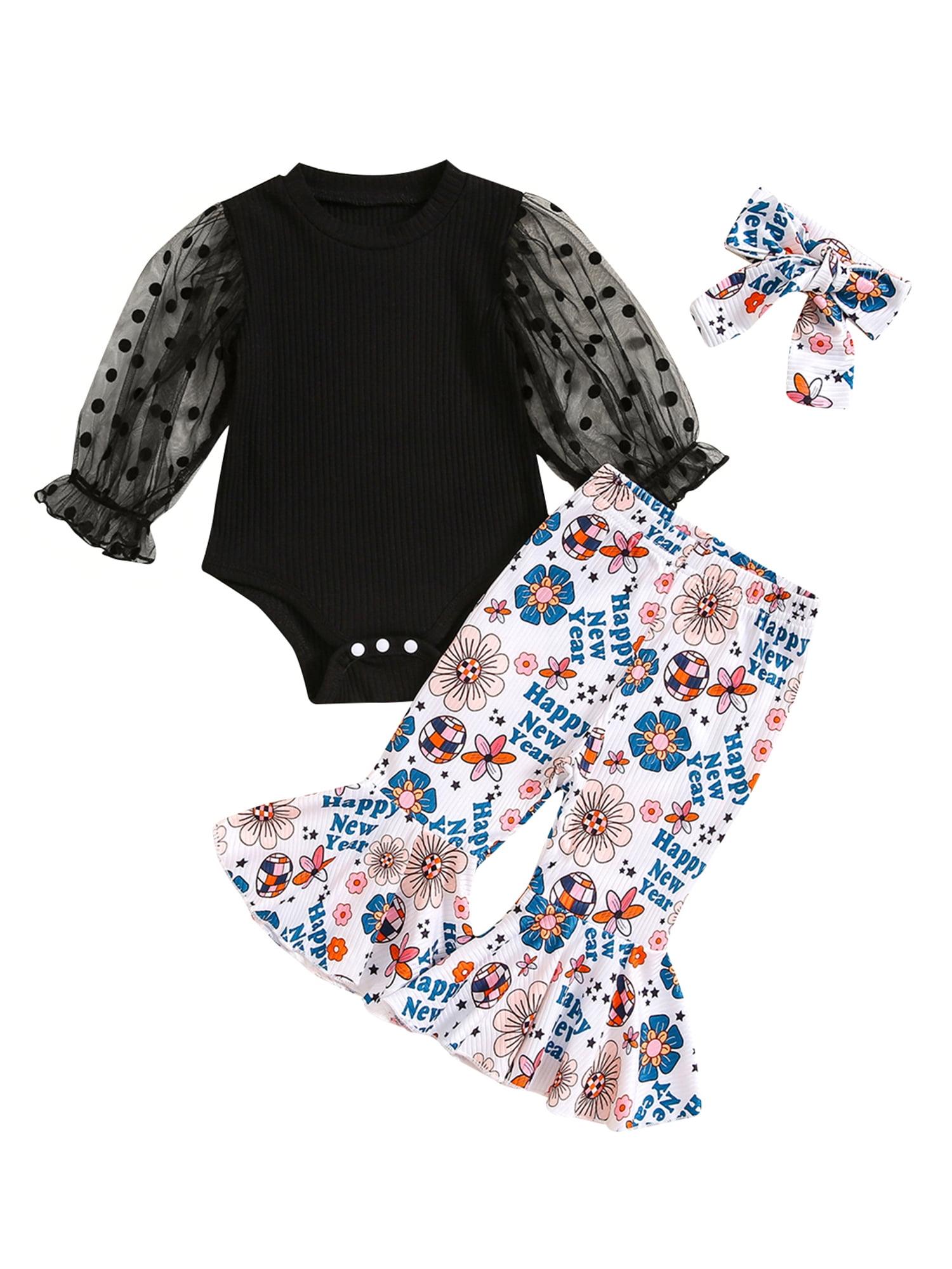 FEORJGP Toddler Girls New Year Outfits Infant Baby Black Mesh Sleeve Jumpsuit Ribbed Romper Crew ...