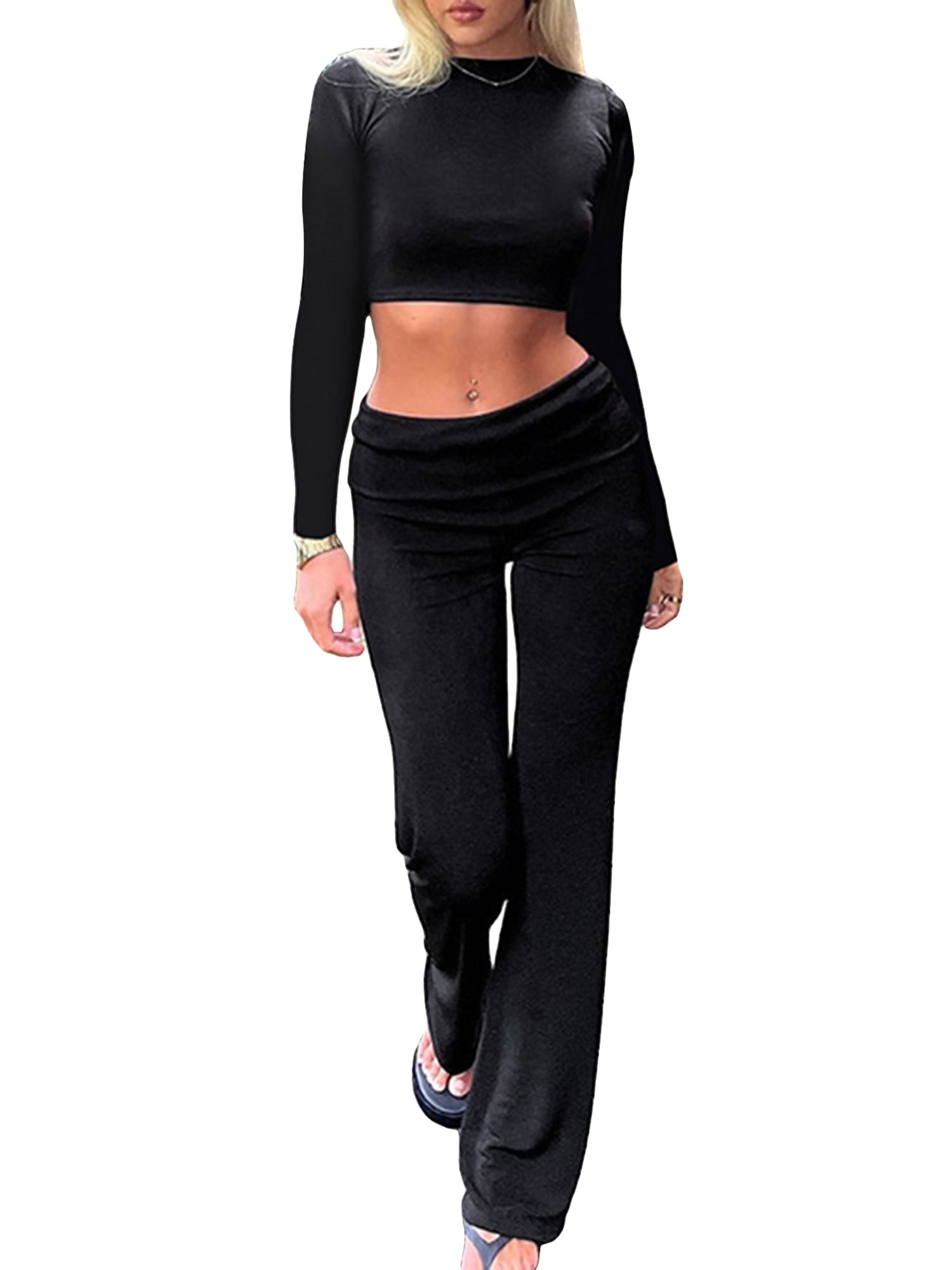 FEORJGP Women 2 Piece Spring Outfits Long Sleeves Pullover Solid Color ...