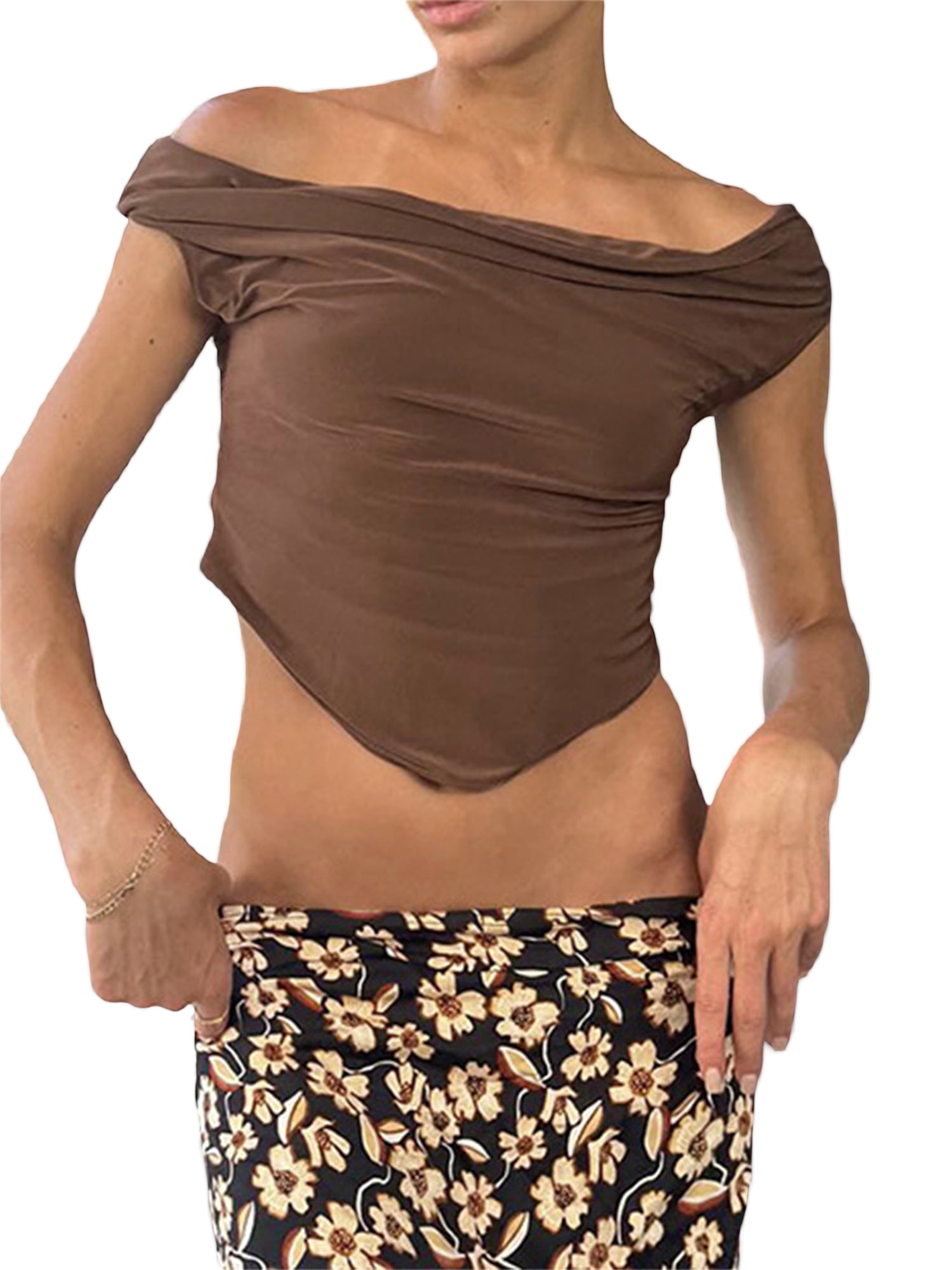 FEORJGP Women Elegant Off-shoulder T-shirt Ladies Sexy Backless Cropped Tops Solid Slim Fit ...