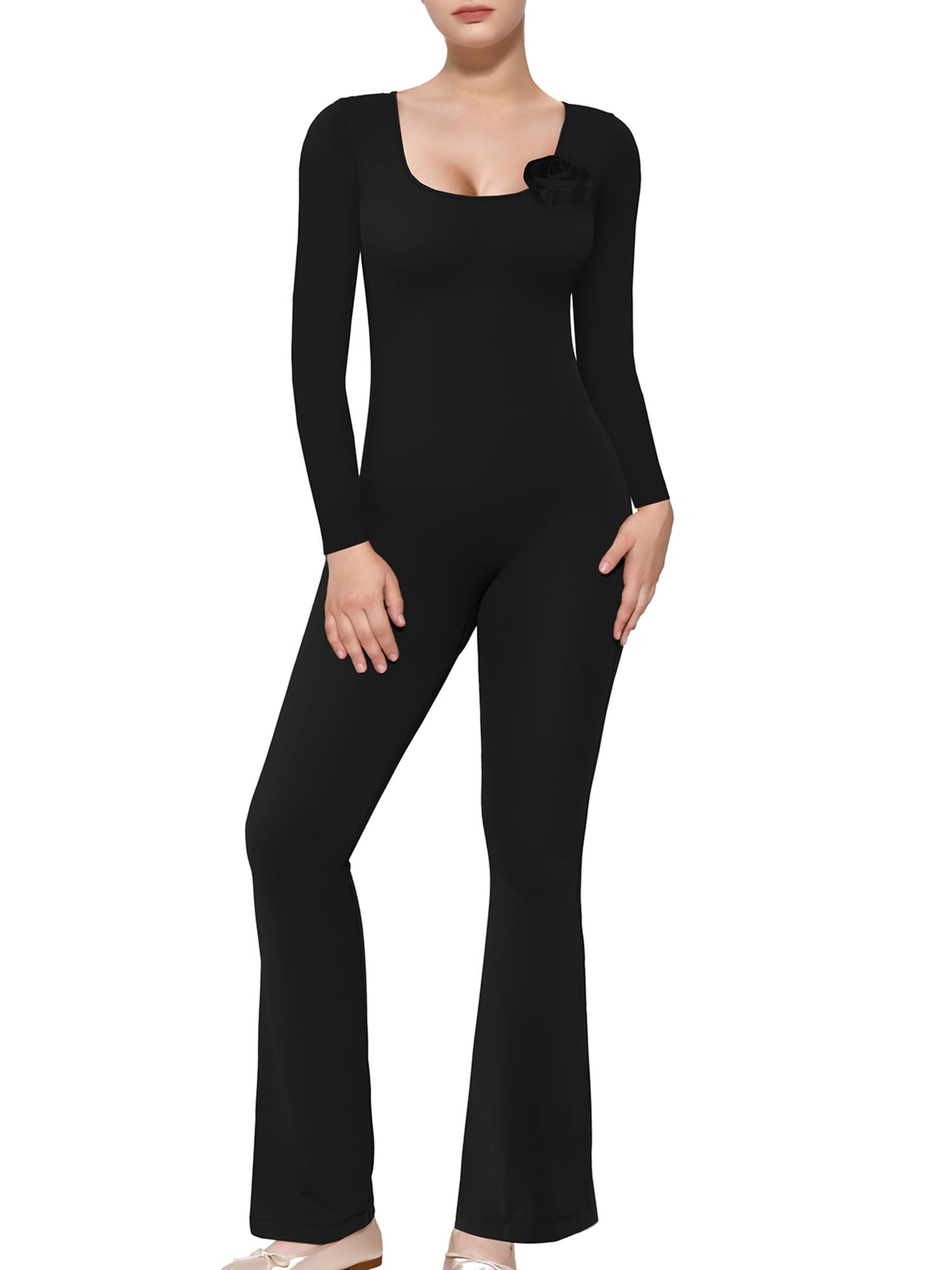FEORJGP Women Flare Pants Jumpsuit Long Sleeve Bodysuit Solid Color U ...