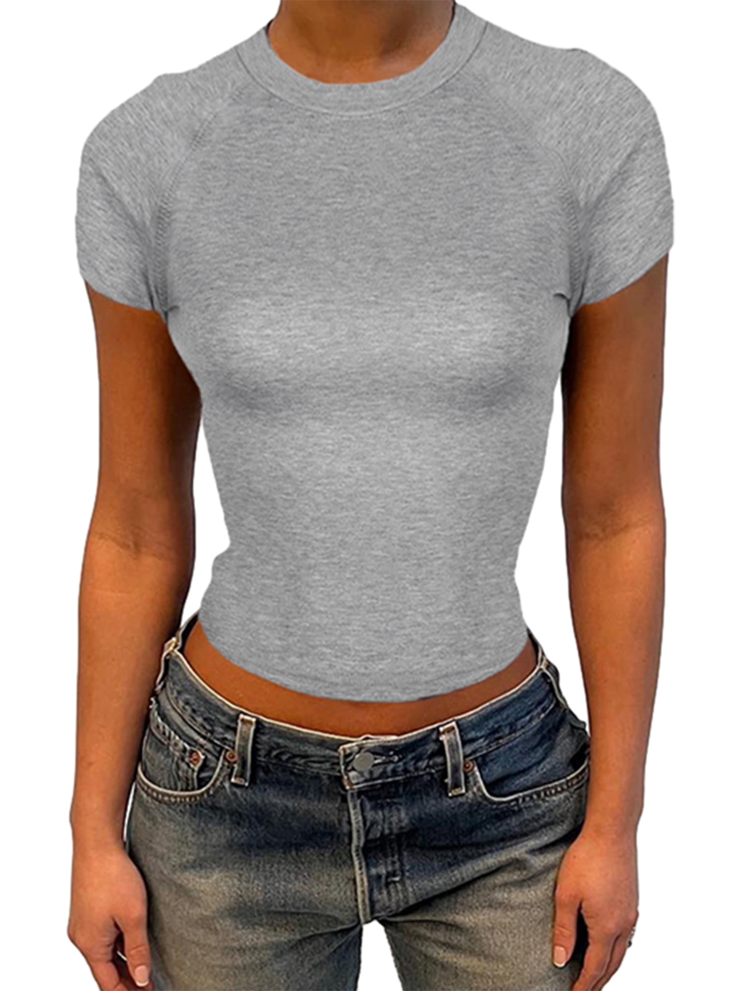 FEORJGP Women Short Sleeve T-shirt Ladies Crew Neck Shirt Solid Slim ...