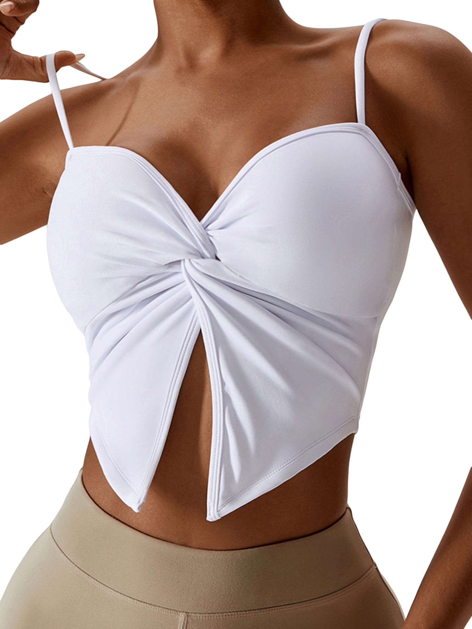 FEORJGP Women's Sexy Slim Cropped Camisole Solid Color Waistcoat Front Twist Spaghetti Strap ...