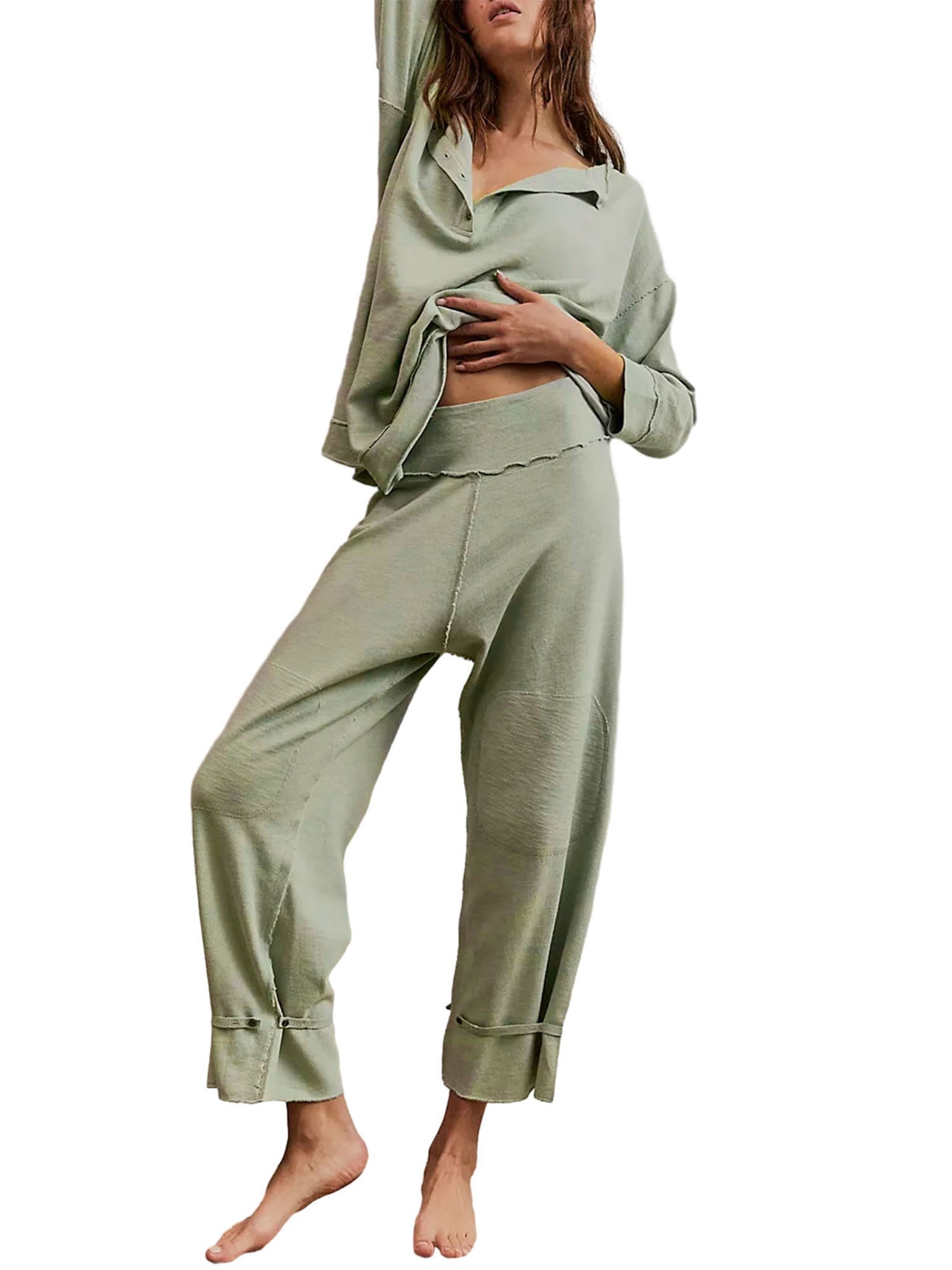 FEORJGP Women's Soft Loungewear Set Ladies Long Sleeve T-shirt Crew ...