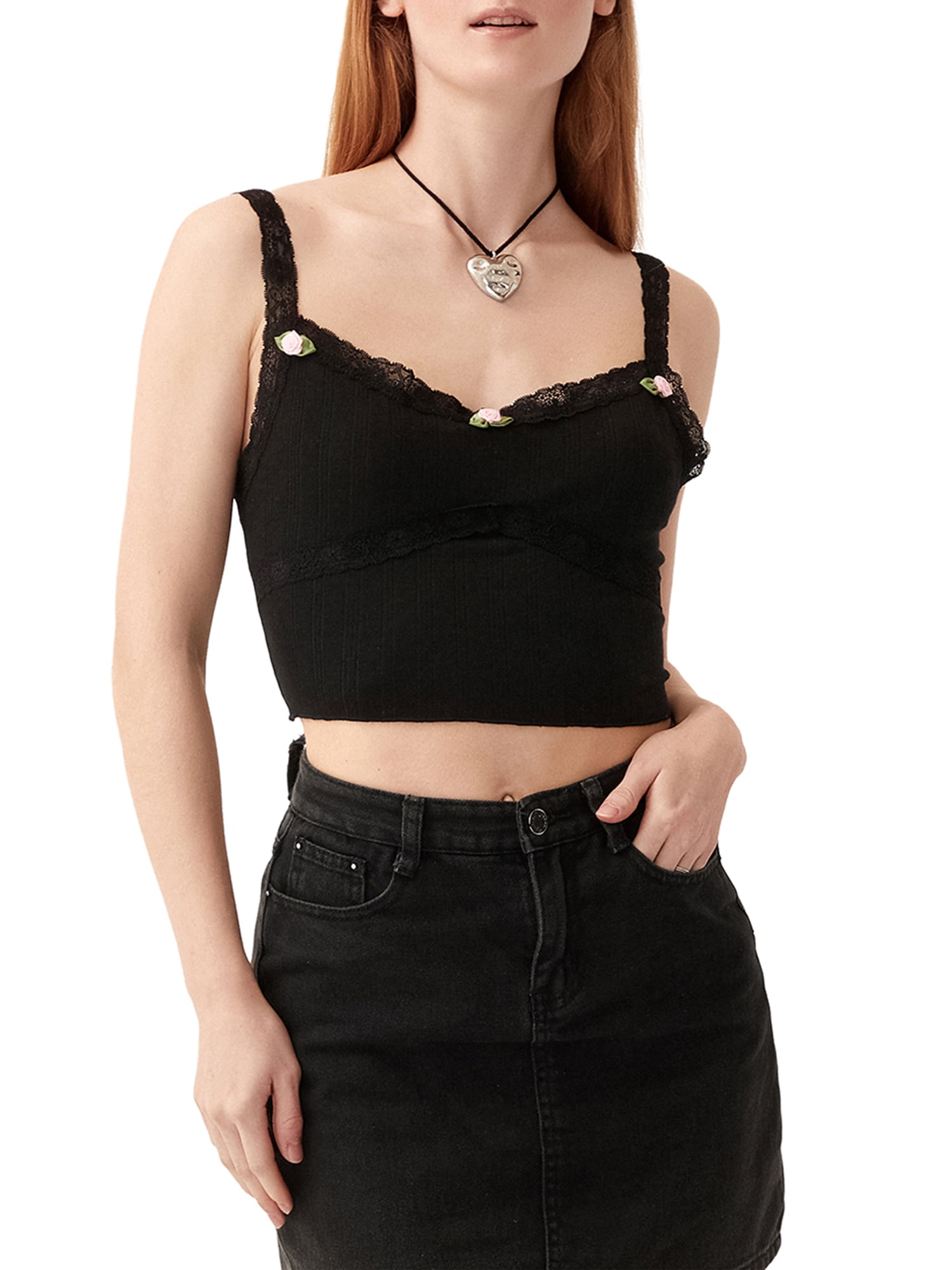 FEORJGP Women's Sweet Slim Cami Tops Ladies Lace Shoulder Strap Vest ...