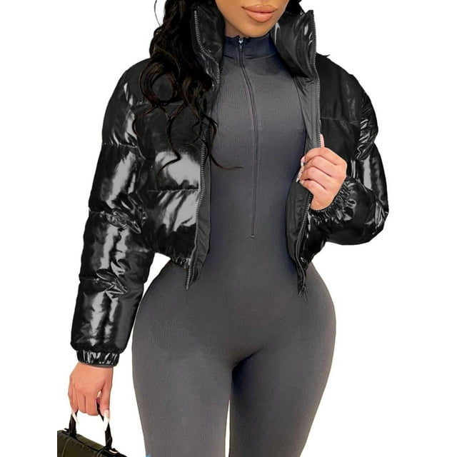 FEORJGP Women's Zip Up Puffer Jacket Metallic Cropped Winter Coat Warm ...