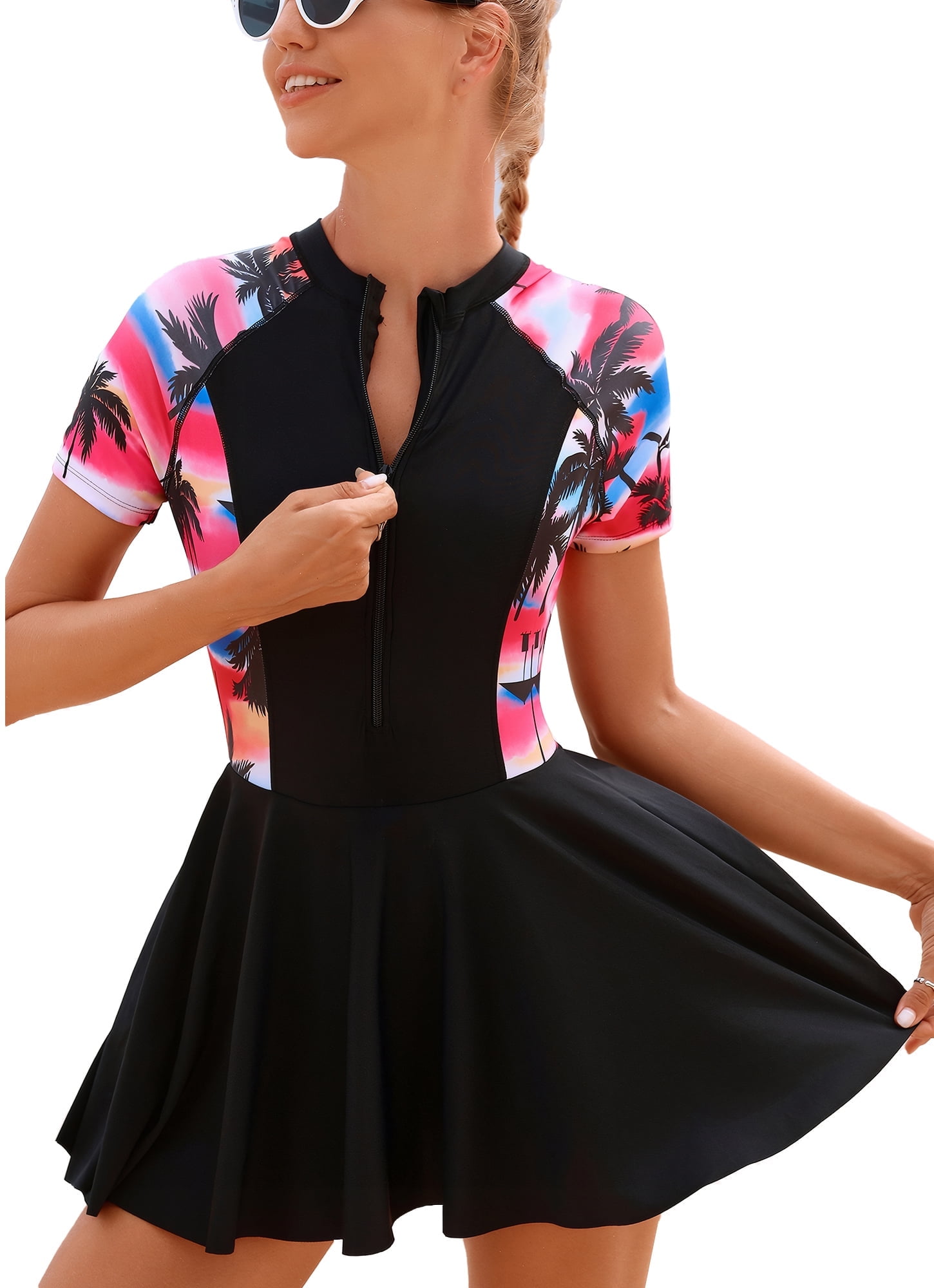 FEOYA Beachwear Swimsuits with Built-in Shorts | Zip Front Rash Guard ...