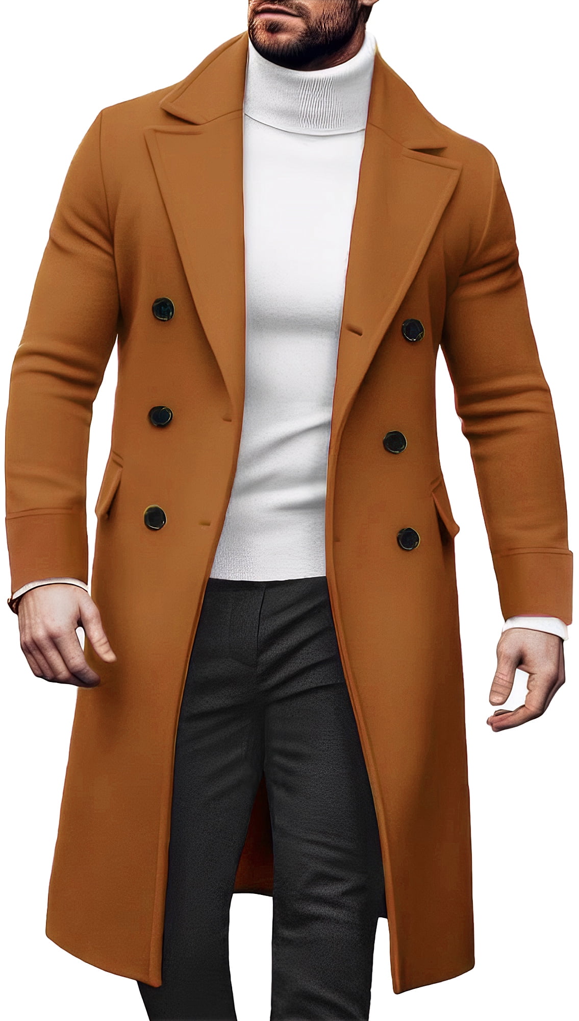 FEOYA Mens Long Overcoat Double Breasted Coat Winter Wool Coats ...