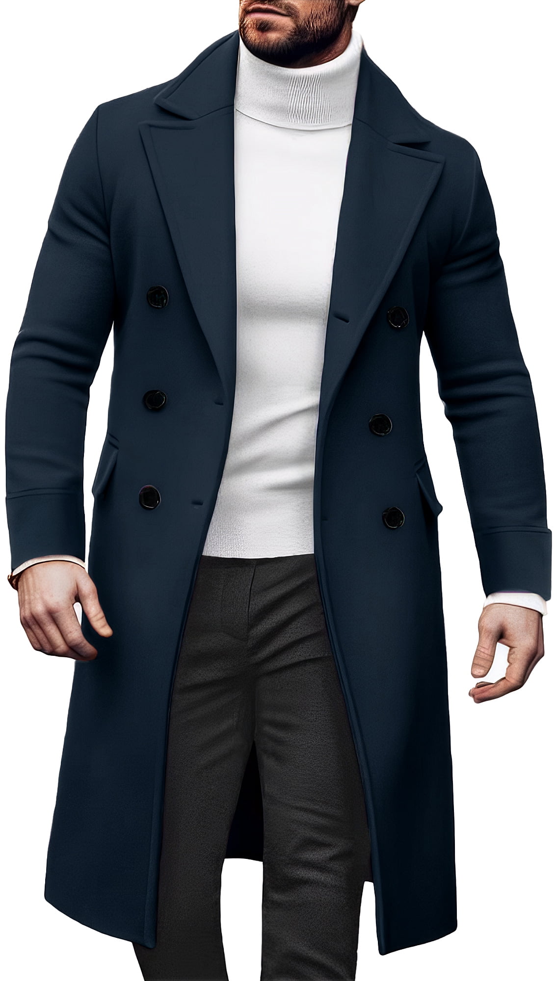 FEOYA Mens Long Winter Coat Double Breasted Overcoat Trench Wool Coat ...