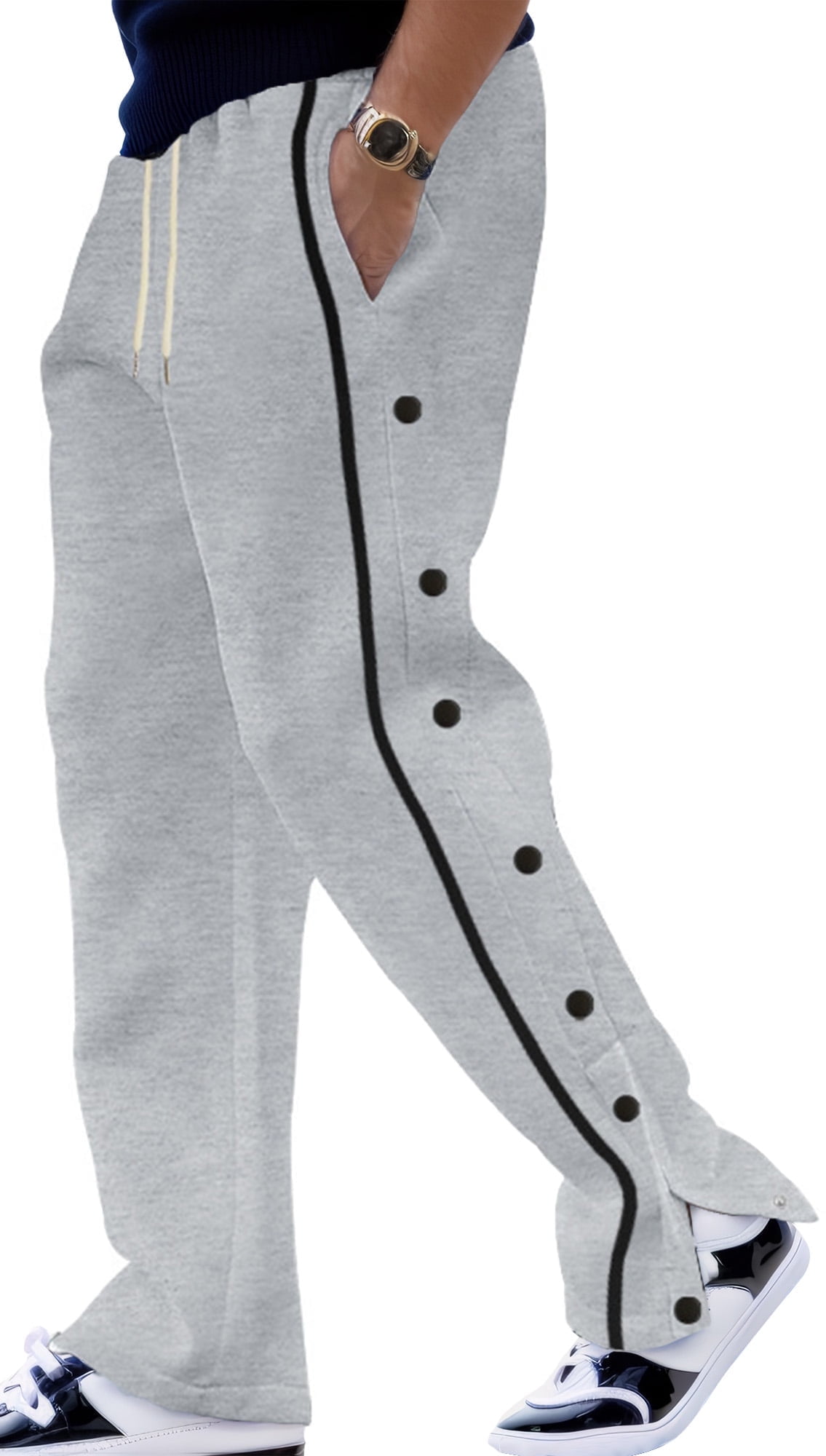 FEOYA Mens Pants Two Buttons Open Basketball Sweatpants Two Snap Button ...