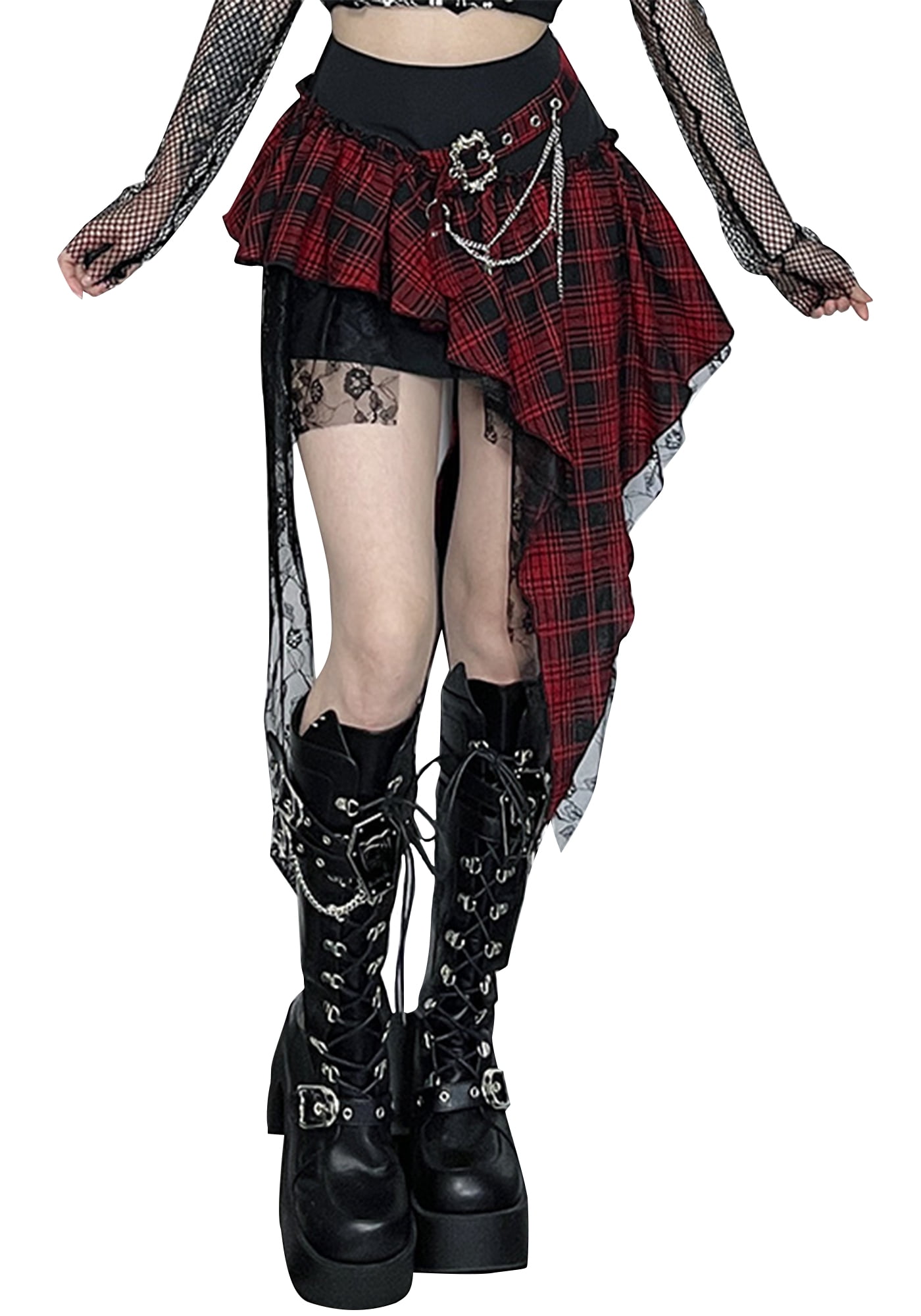 FEOYA Punk Goth Asymmetrical Skirt for Women Gothic Plaid Skirts Ladies ...