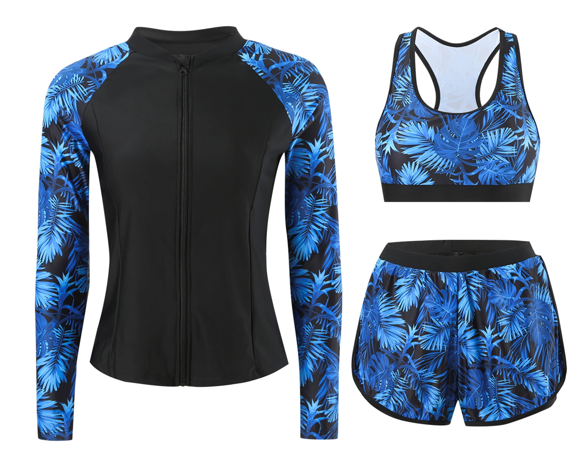 FEOYA Rash Guard for Women Long Sleeve 3 Pieces Modest Swimwear Bathing ...