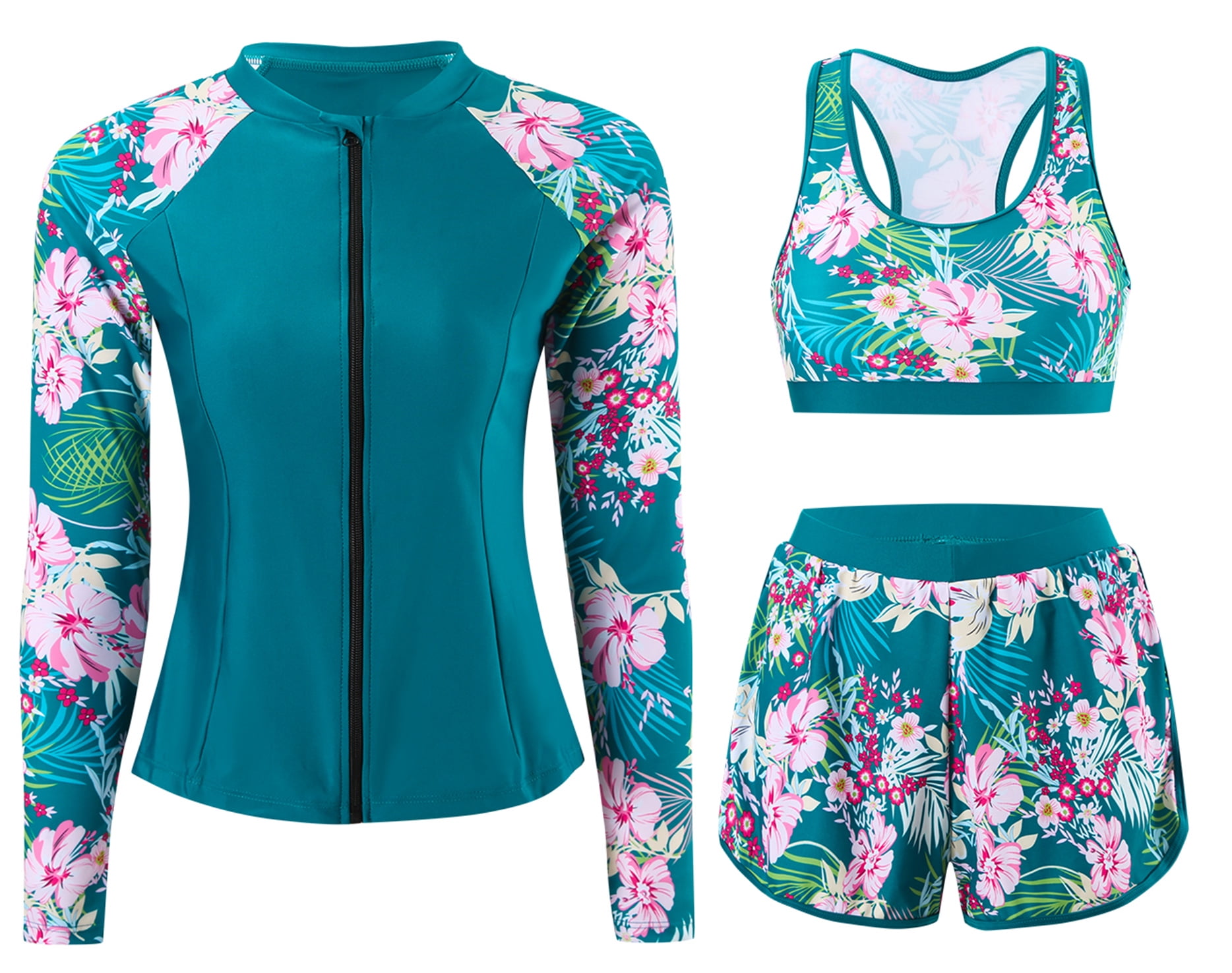 FEOYA Rash Guard for Women Long Sleeve 3 Pieces Modest Swimwear Bathing ...