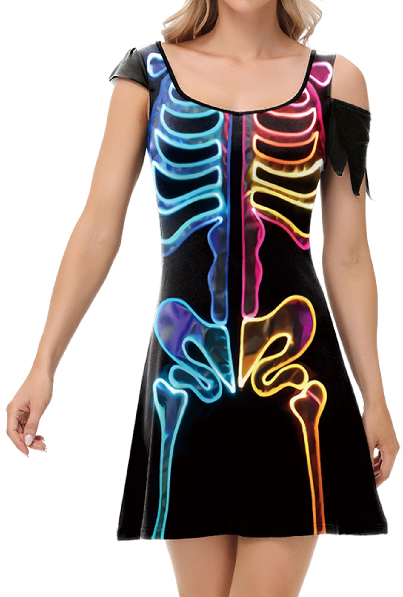 FEOYA Skeleton Costume Dress Women Ladies Anatomy Bones Dress Digital ...