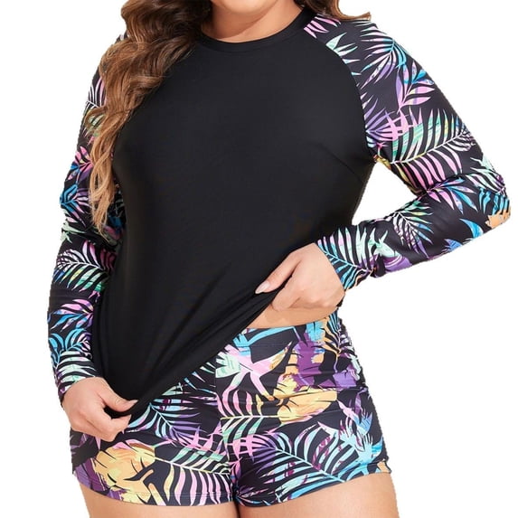 FEOYA Two-Piece Swimsuit Set Women's Plus size Long Sleeve Floral ...