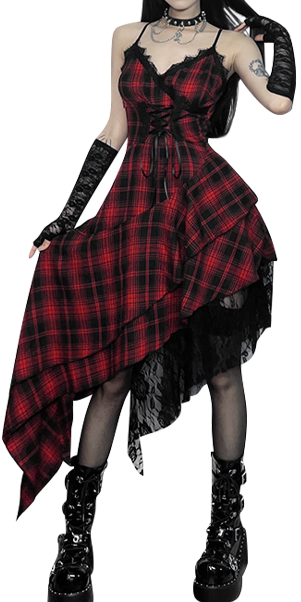 FEOYA Women Gothic Plaid Dress Red Goth Plaid Dress Lace Up Vintage ...