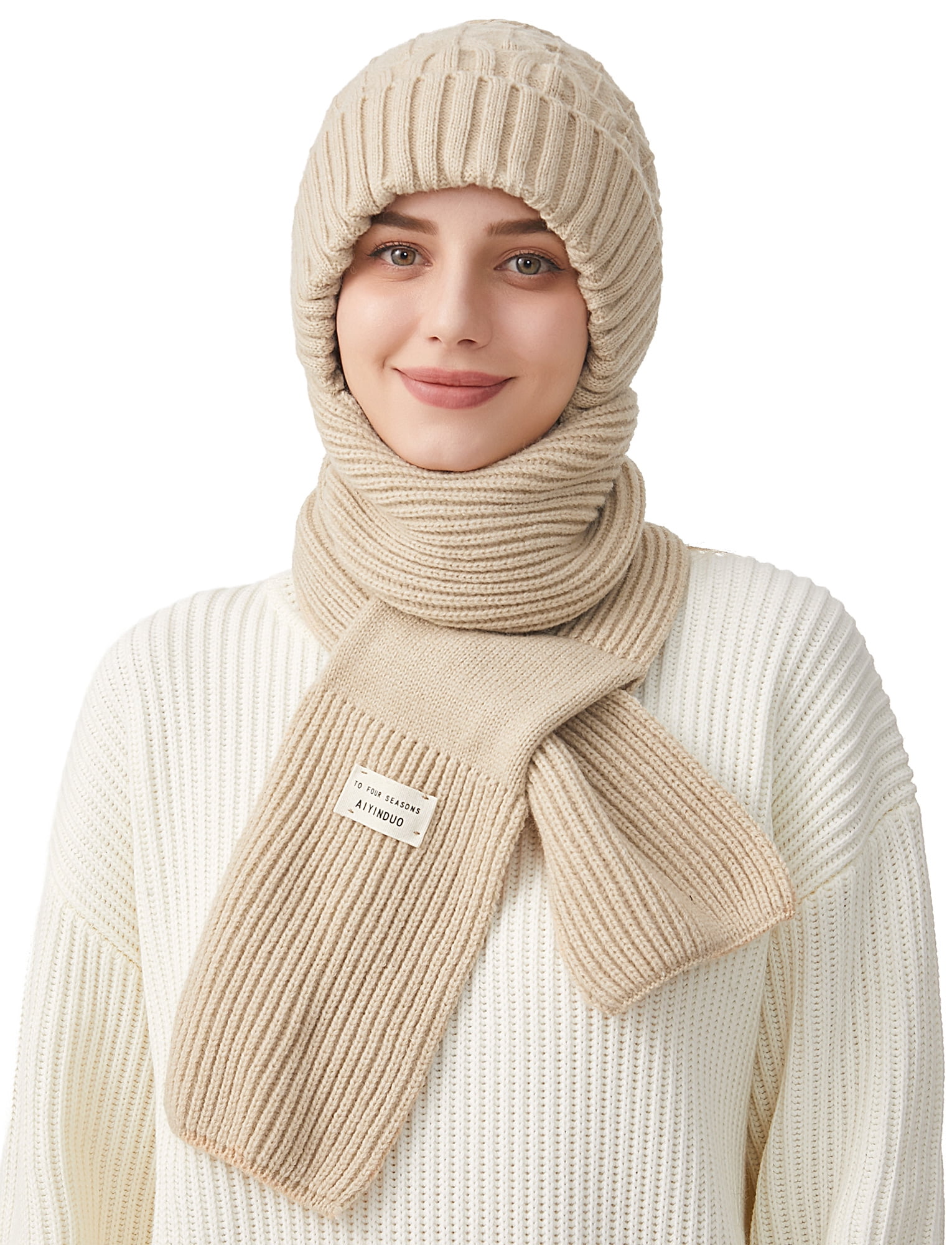 FEOYA Women Integrated Ear Protection Windproof Cap Scarf Winter Beanie ...